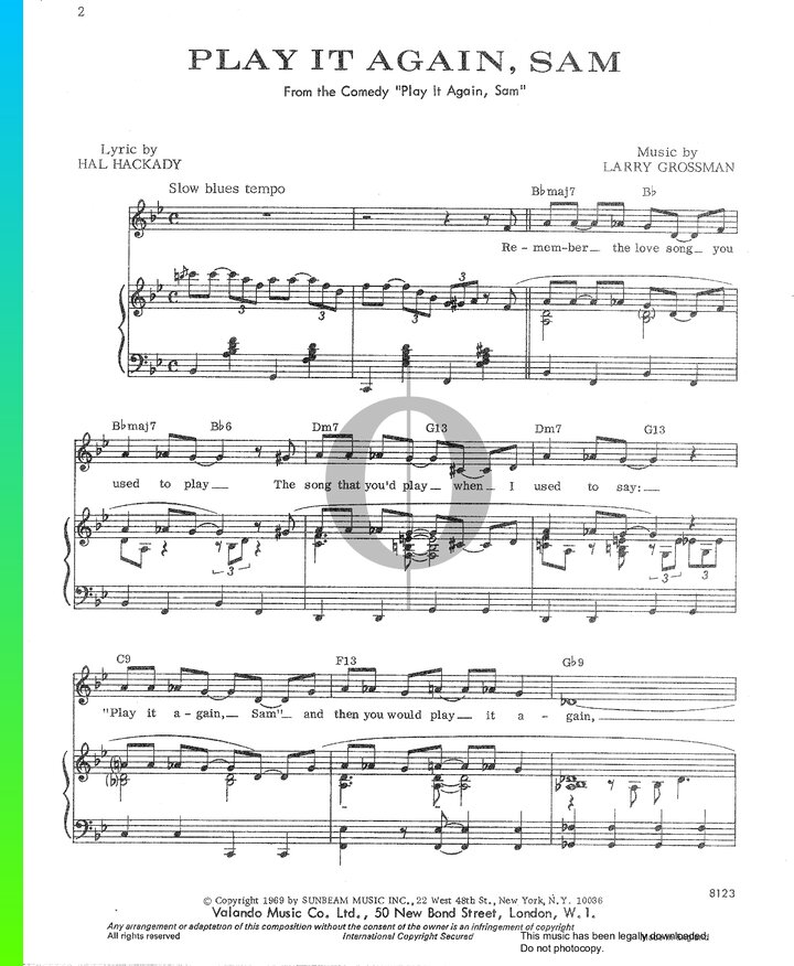 Play It Again, Sam Piano Sheet Music from Play It Again, Sam by Tony ...