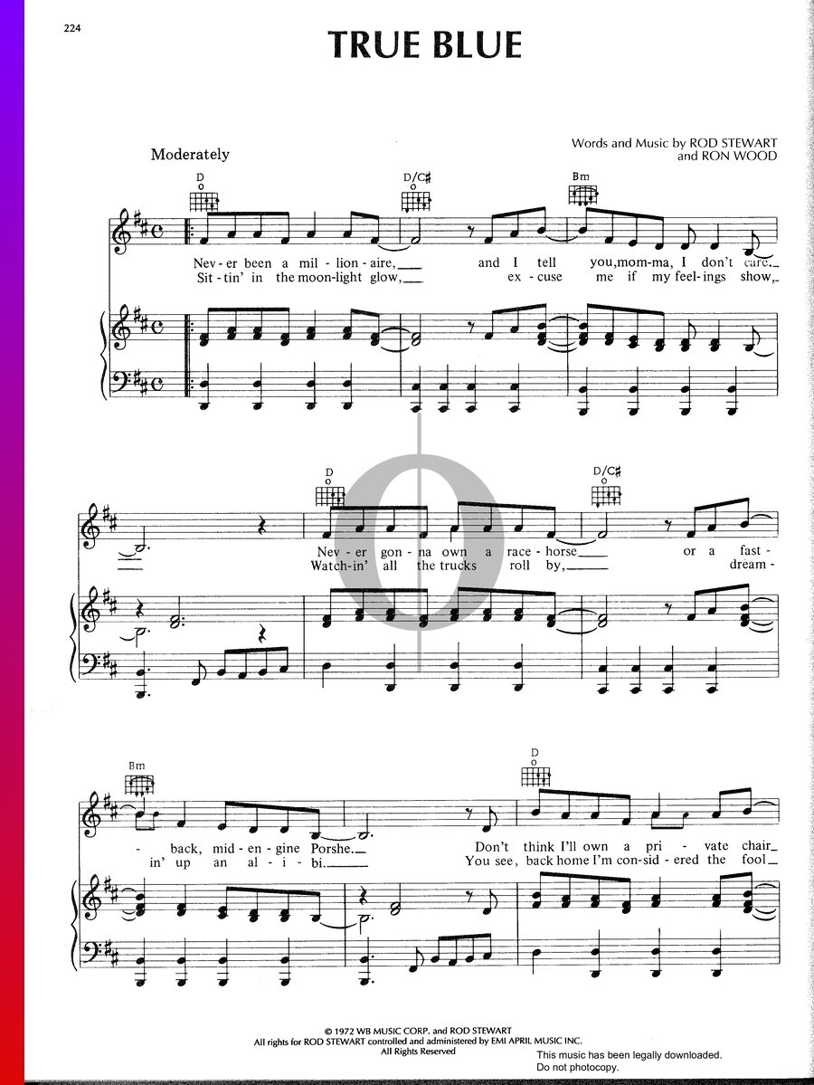 True Blue (Rod Stewart) Piano Sheet Music - OKTAV