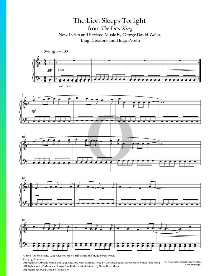 The Lion Sleeps Tonight Piano Sheet Music from The Lion King (1994) by ...
