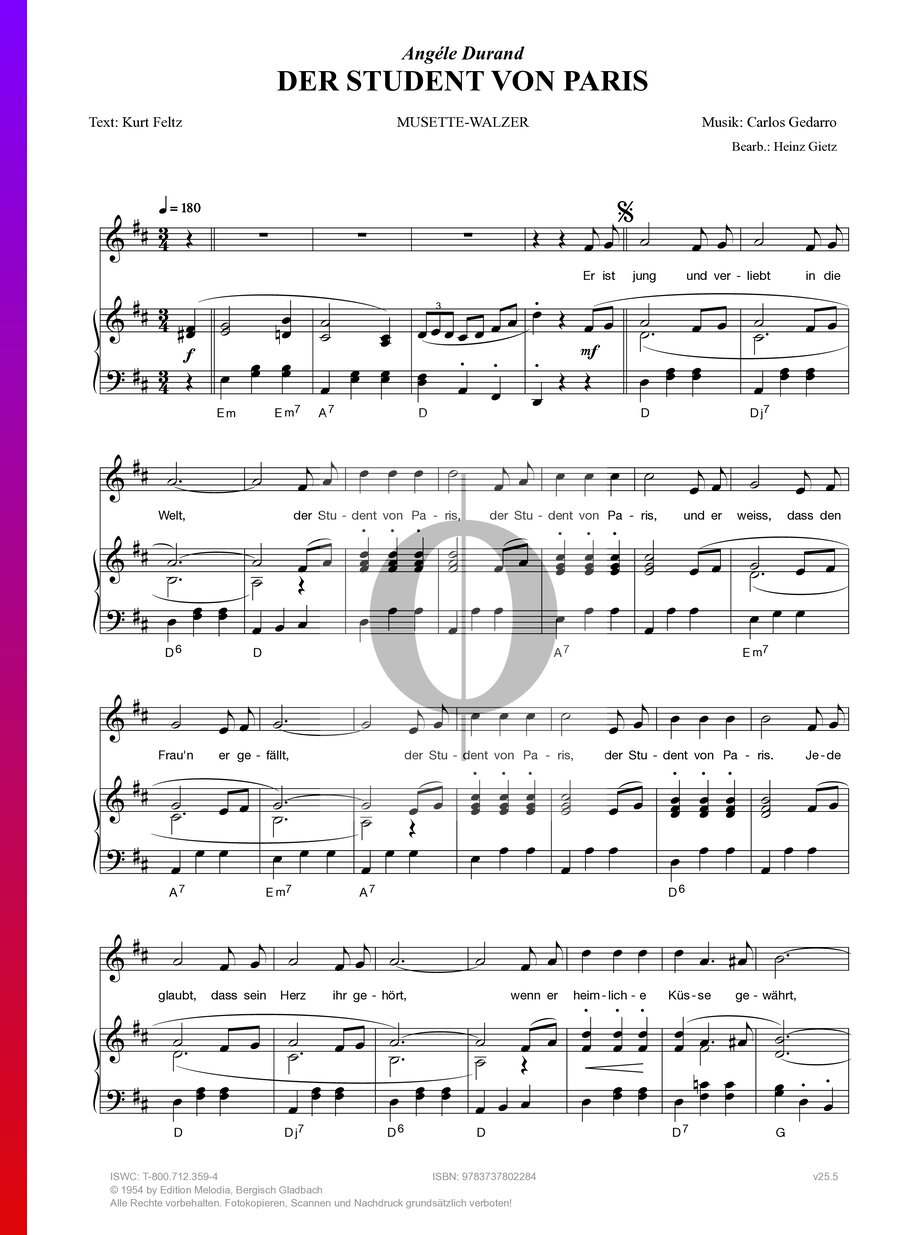 Der Student von Paris (Angéle Durand) Piano Sheet Music - OKTAV