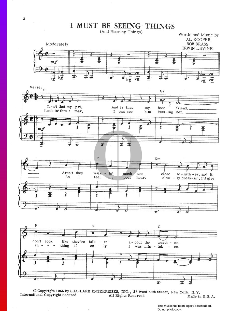 I Must Be Seeing Things (And Hearing Things) (Gene Pitney) Piano Sheet ...