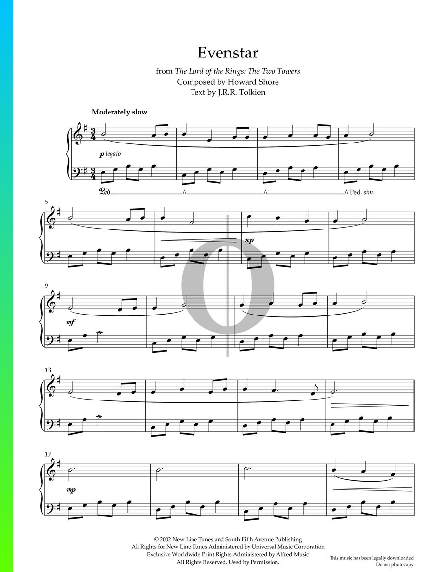 Evenstar Piano Sheet Music from The Lord Of The Rings: The Two Towers ...