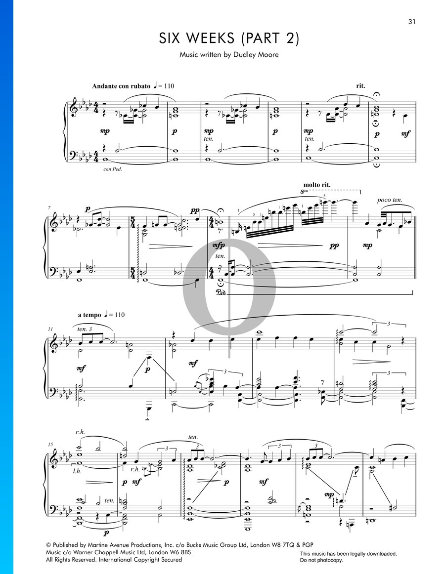 Six Weeks (Part 2) (Dudley Moore) Piano Sheet Music - OKTAV