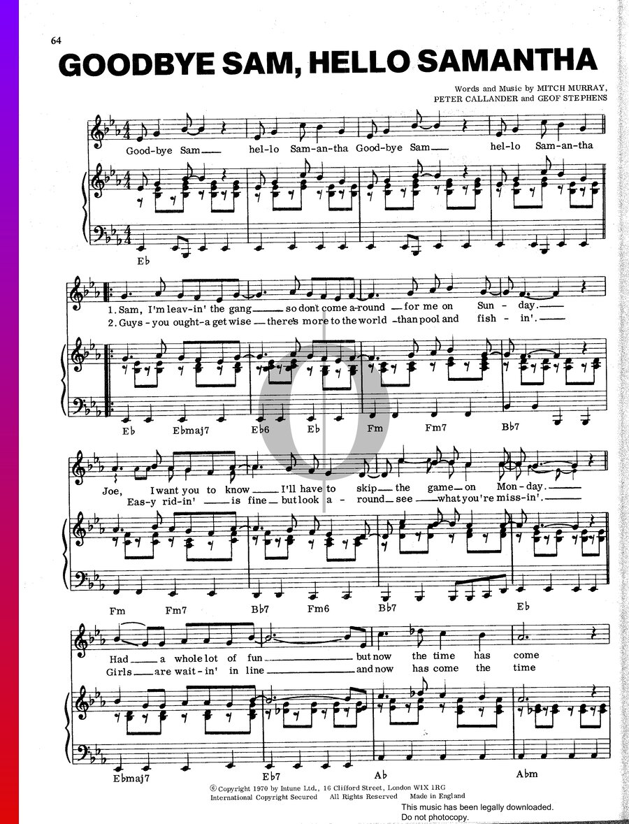 Goodbye Sam, Hello Samantha (Cliff Richard) Piano Sheet Music - OKTAV