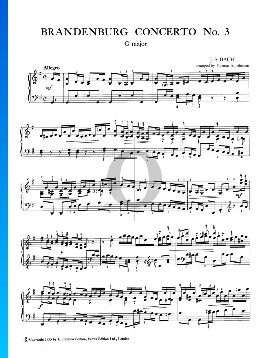 The Brandenburg Concerto, No.3 BWV 1048: 1. Allegro (Johann Sebastian Bach) Piano Sheet Music ...