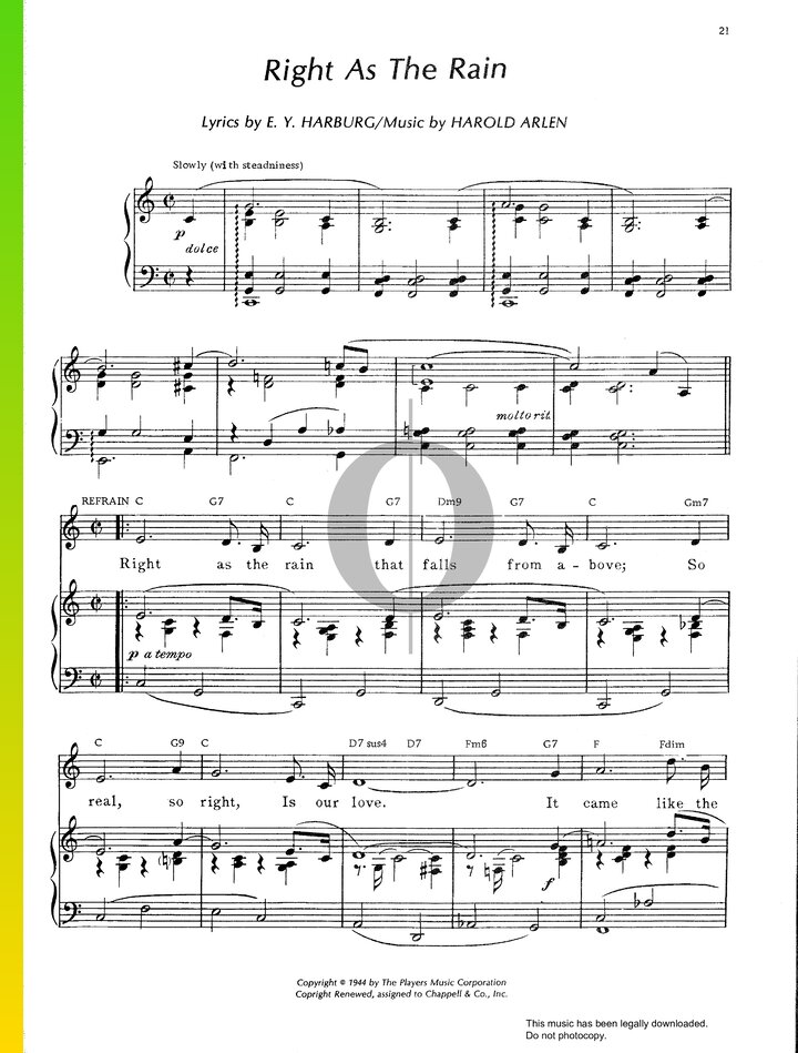 Right As The Rain (Harold Arlen) Piano Sheet Music - OKTAV