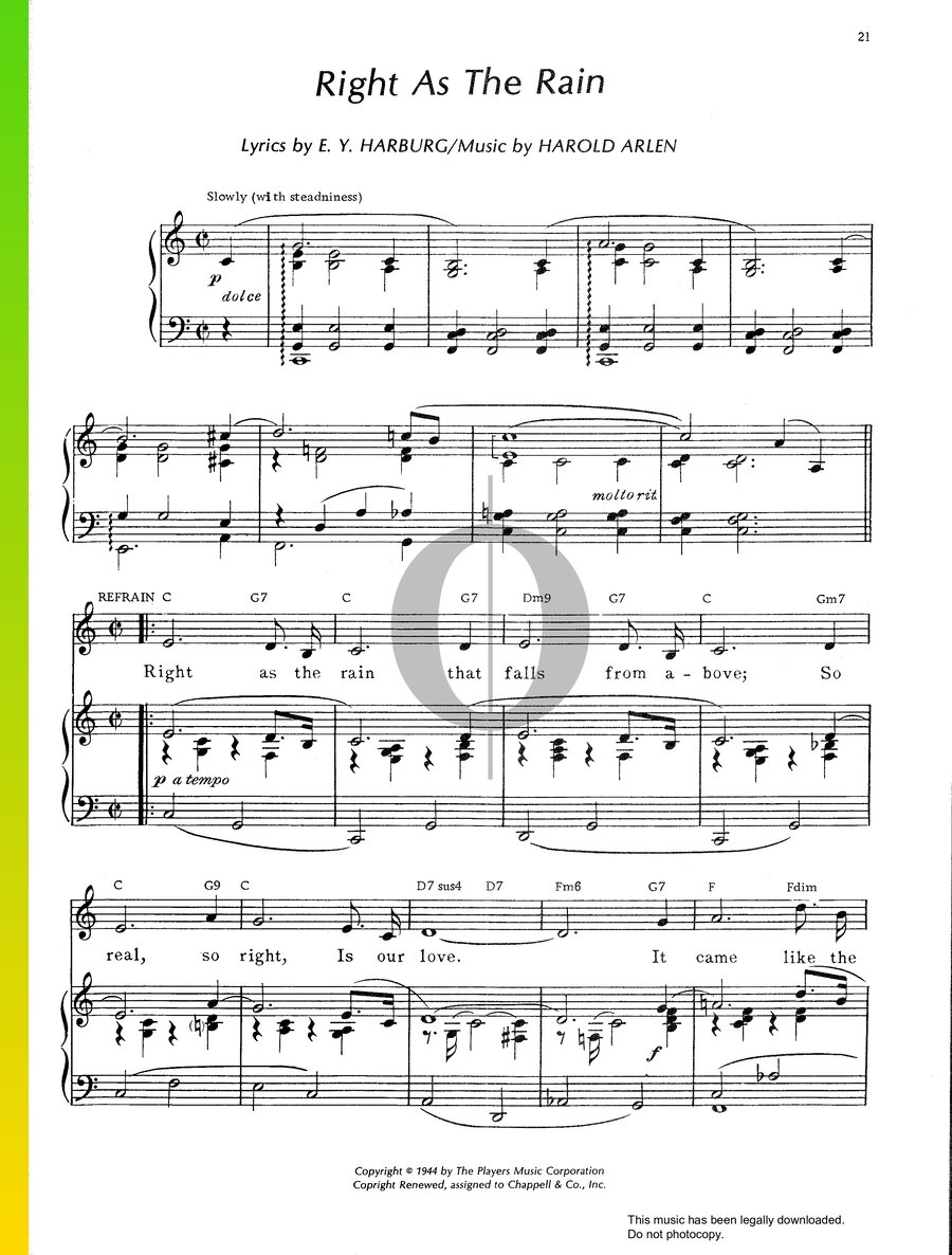 Right As The Rain (Harold Arlen) Piano Sheet Music - OKTAV