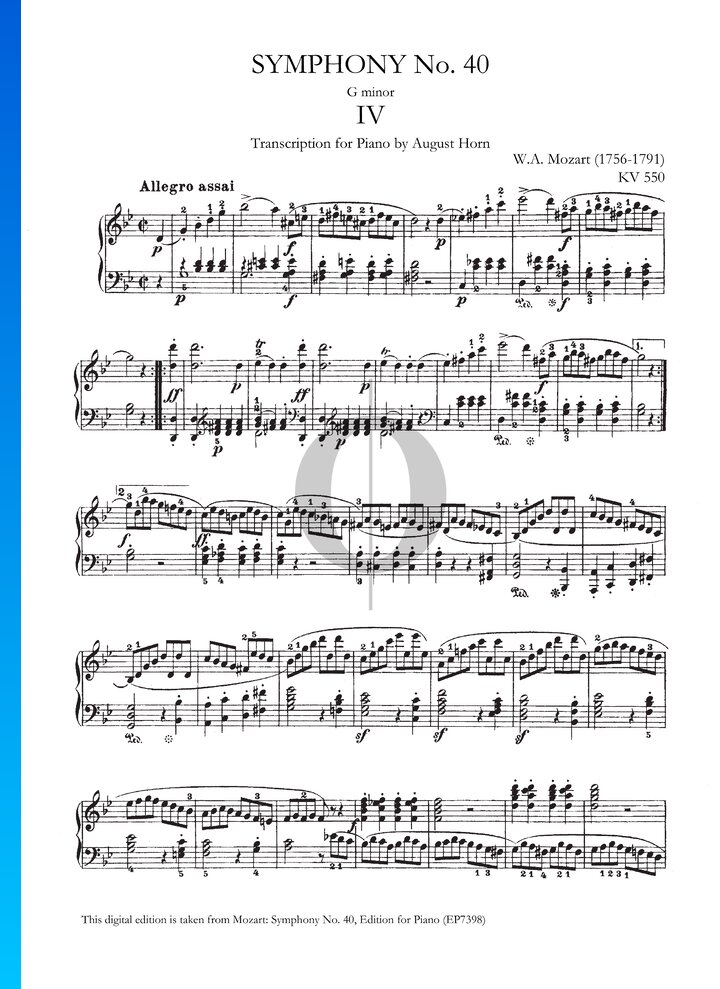 Symphony No.40 in G Minor, KV 550: Allegro assai (Wolfgang Amadeus Mozart) Piano Sheet Music - OKTAV