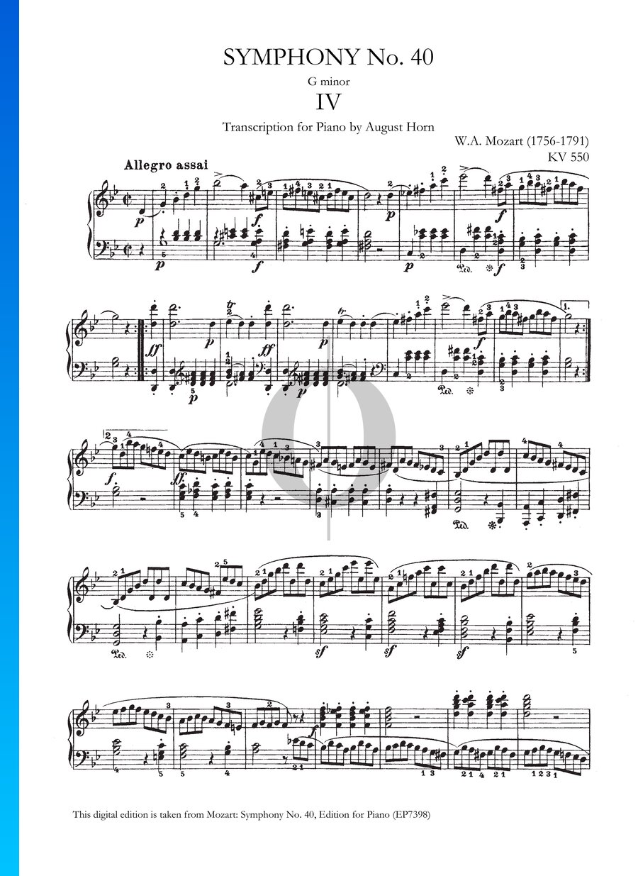 Symphony No.40 in G Minor, KV 550: Allegro assai (Wolfgang Amadeus Mozart) Piano Sheet Music - OKTAV