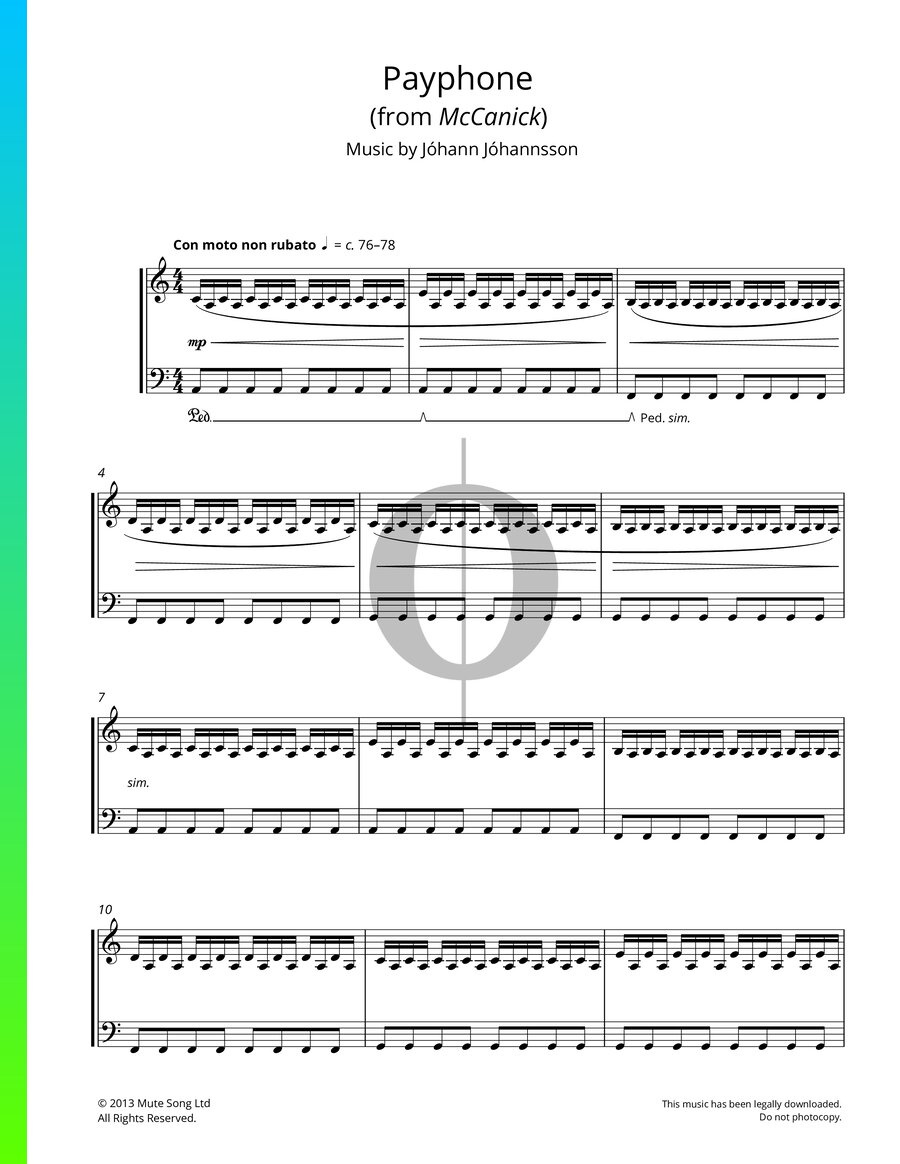 Payphone Piano Sheet Music from McCanick by Jóhann Jóhannsson - OKTAV