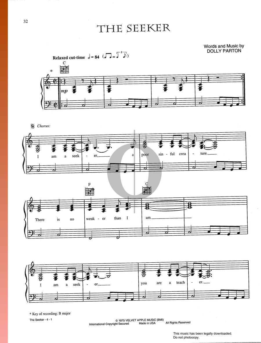 The Seeker (Dolly Parton) Piano Sheet Music - OKTAV The Seeker (Dolly Parton) Piano Sheet Music - OKTAV