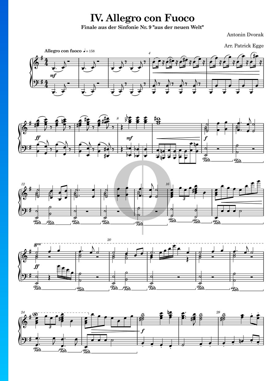 Symphony No. 9 (From The New World), Op. 95: 4. Allegro con fuoco (Antonín Dvořák) Piano Sheet ...