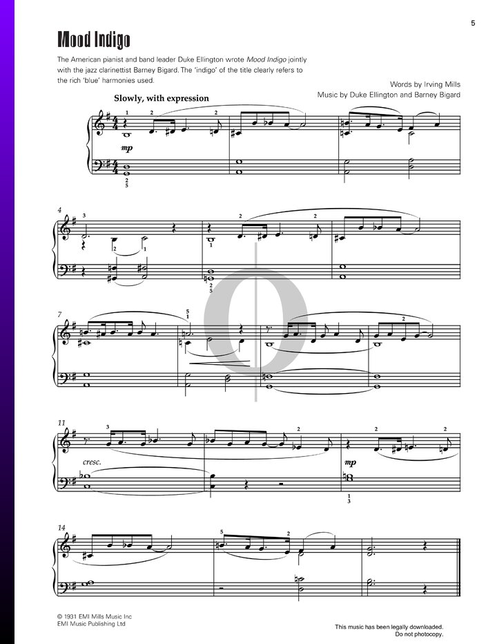 Mood Indigo (Duke Ellington) Piano Sheet Music - OKTAV