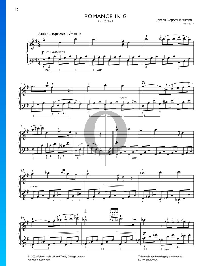 Romance in G Major, Op. 52 No. 4 (Johann Nepomuk Hummel) Piano Sheet ...
