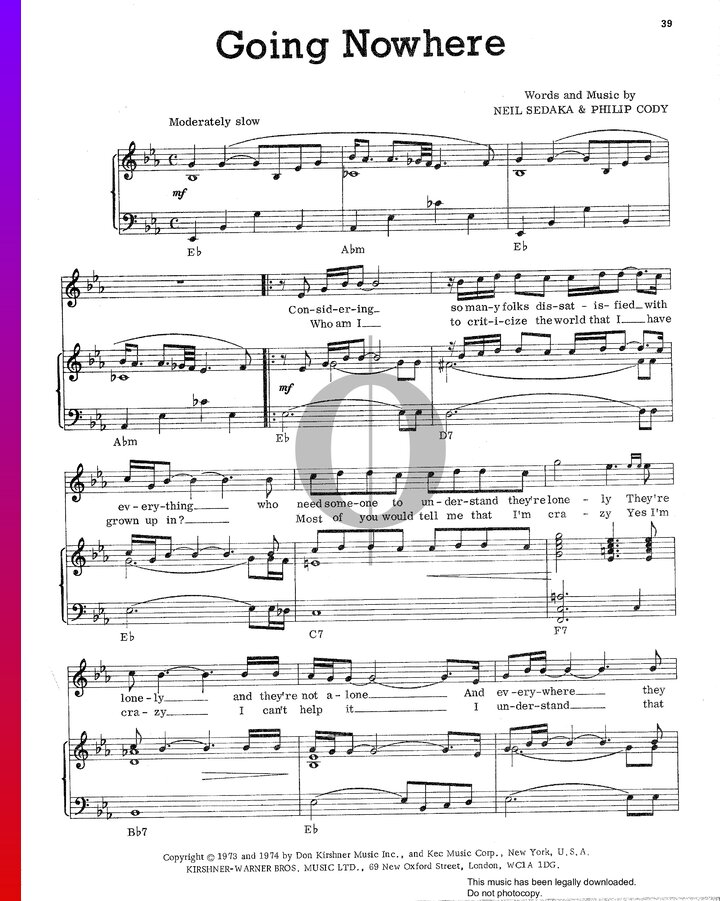 Going Nowhere (Neil Sedaka) Piano Sheet Music - OKTAV