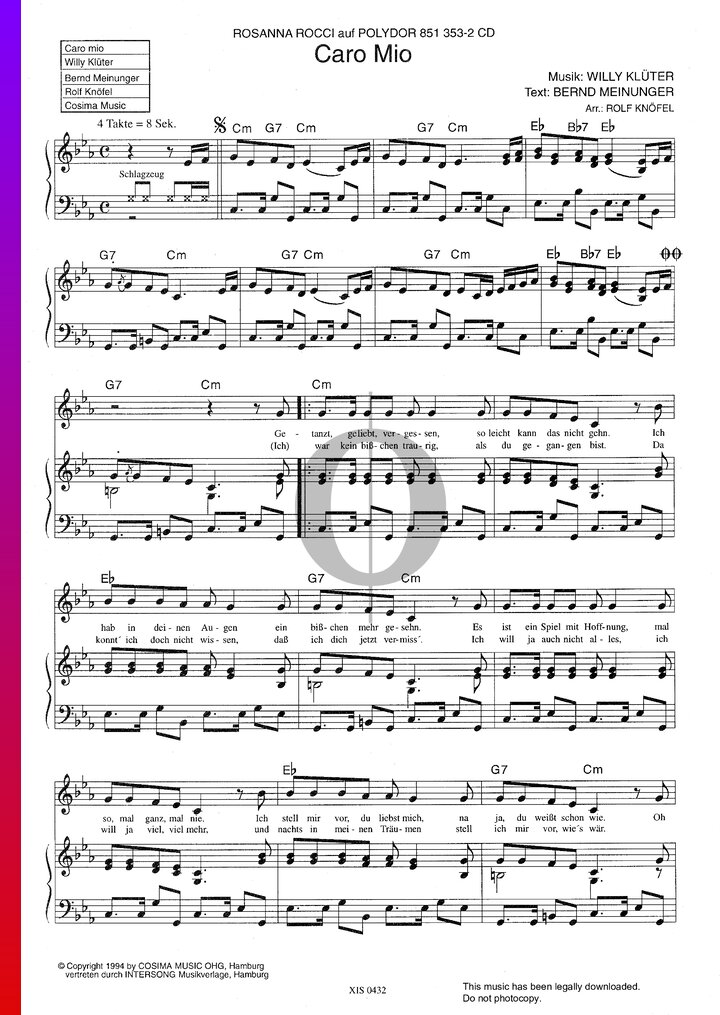 Caro Mio Klaviernoten (Rosanna Rocci) - OKTAV