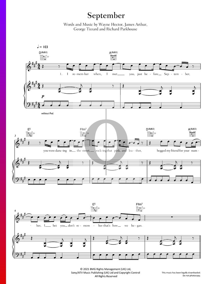 September (James Arthur) Piano Sheet Music - OKTAV