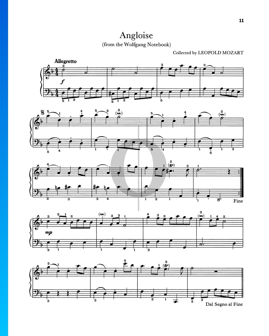 Angloise (Leopold Mozart) Piano Sheet Music - OKTAV