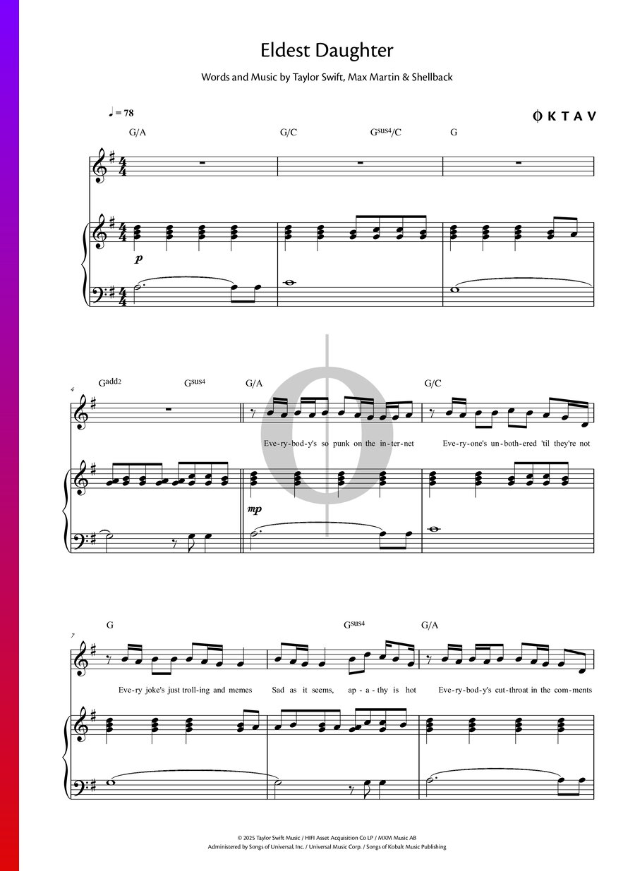 Eldest Daughter (Taylor Swift) Piano Sheet Music - OKTAV