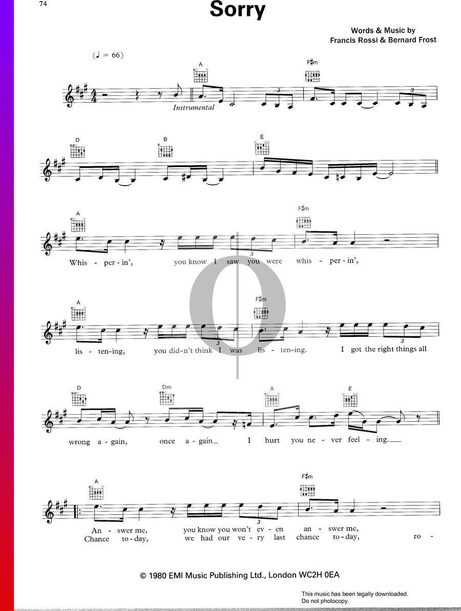 Sorry (Status Quo) Piano Sheet Music - OKTAV