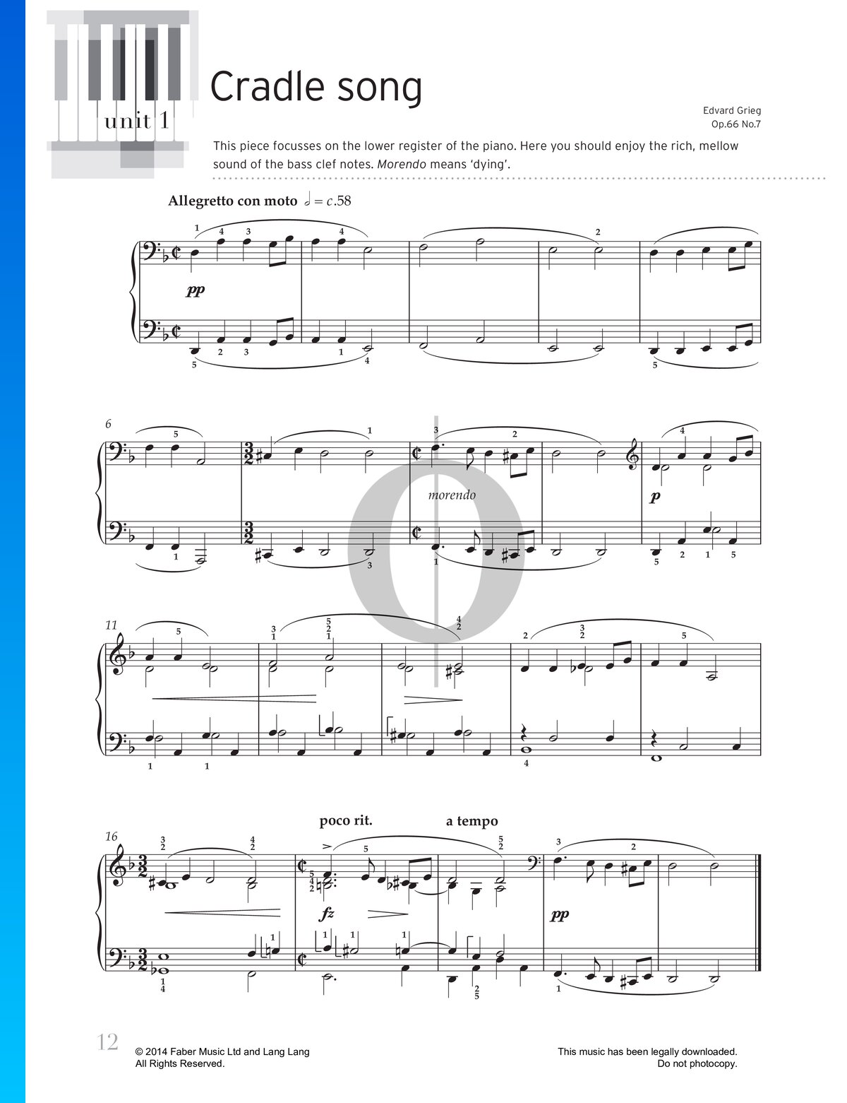 Cradle Song, Op. 66 No. 7 (Edvard Grieg) Piano Sheet Music - OKTAV
