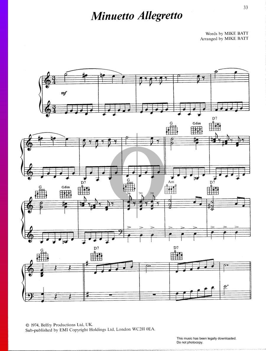 Minuetto Allegretto (The Wombles) Piano Sheet Music - OKTAV