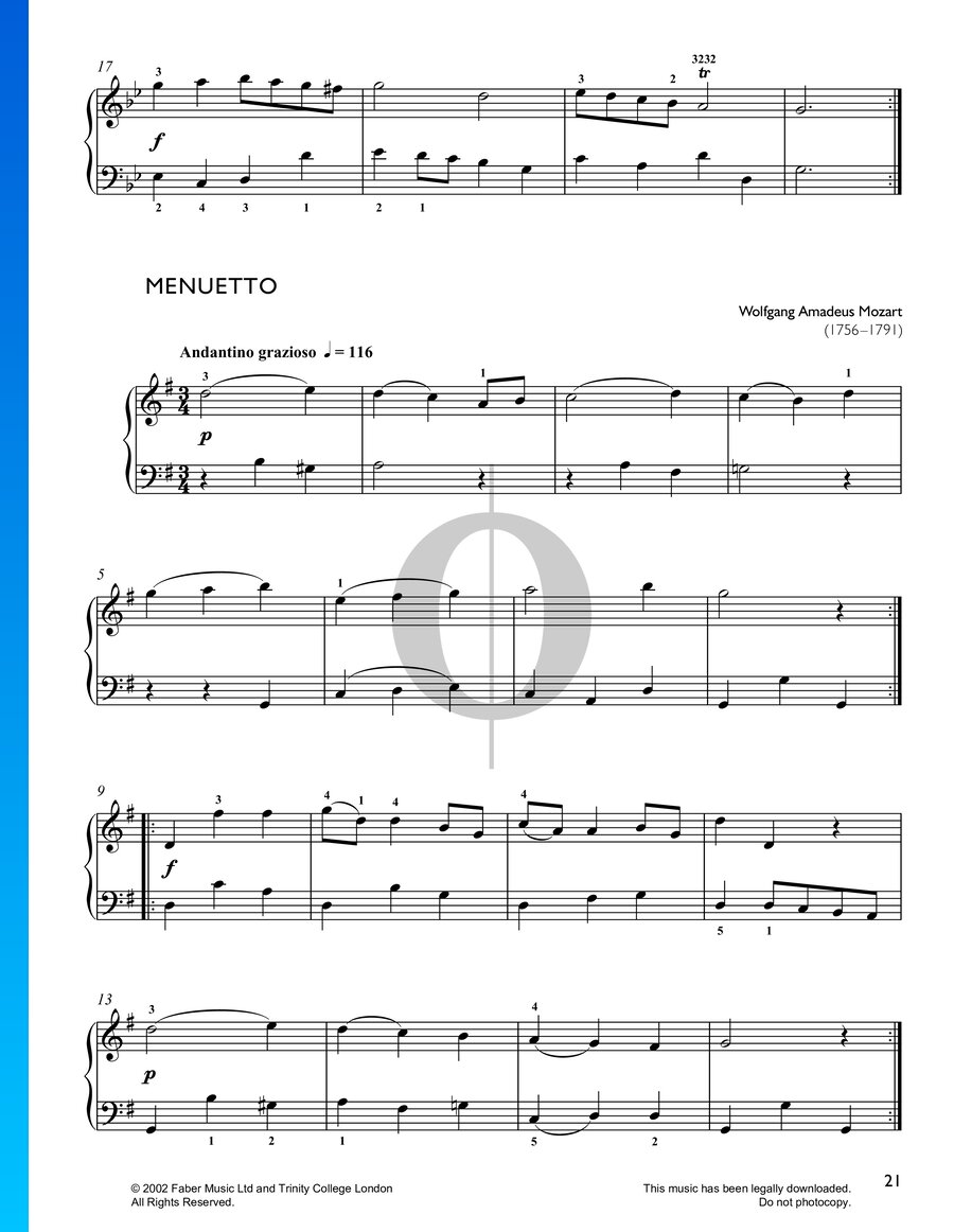 Menuetto in G Major (Wolfgang Amadeus Mozart) Piano Sheet Music - OKTAV