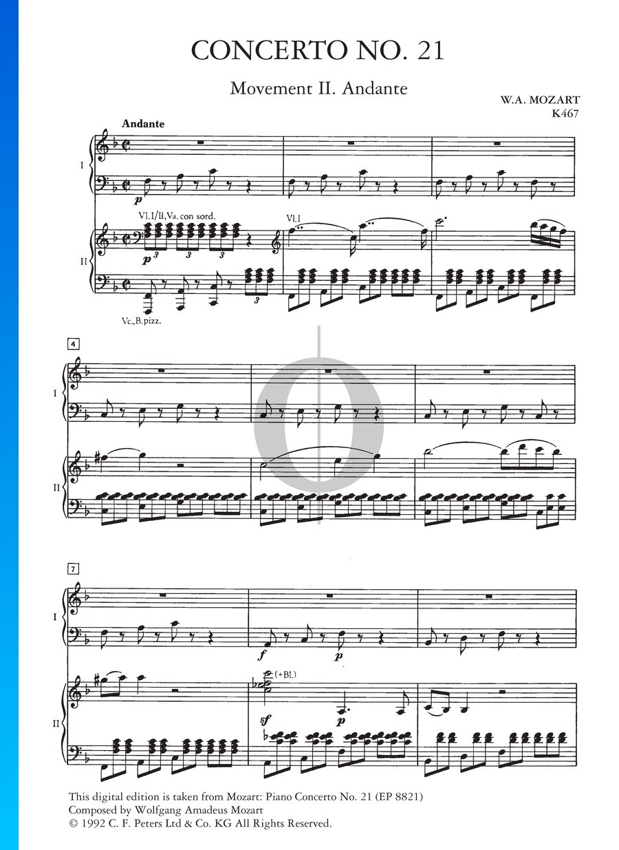 Klavierkonzert Nr. 21 in C-Dur, K. 467: 2. Andante Klaviernoten (Wolfgang Amadeus Mozart) - OKTAV