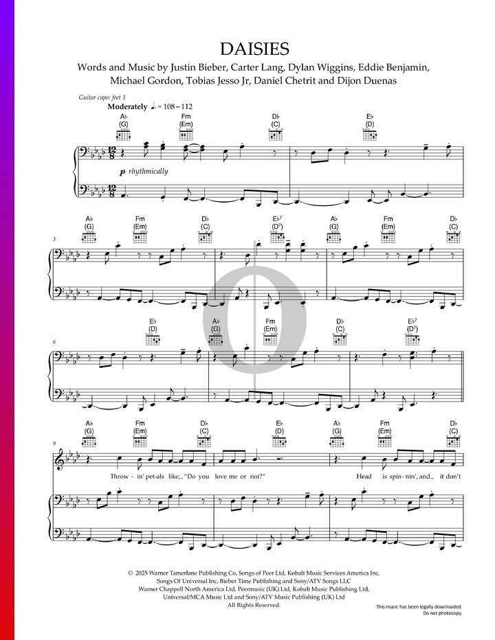 Daisies (Justin Bieber) Piano Sheet Music - OKTAV