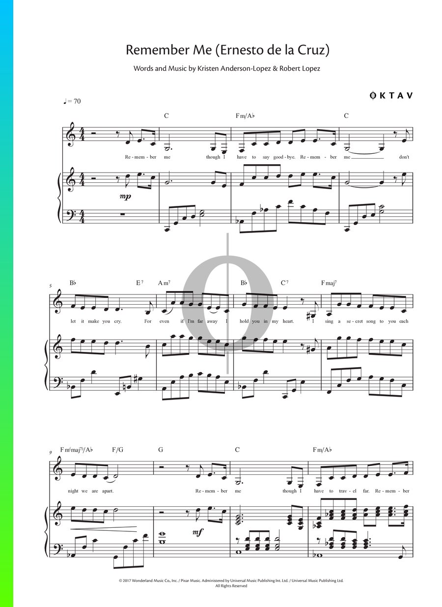 Remember Me Piano Sheet Music from Coco by Kristen Anderson-Lopez ...