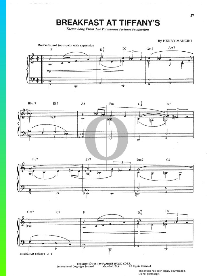 Breakfast At Tiffany's Piano Sheet Music from Breakfast at Tiffany's by ...