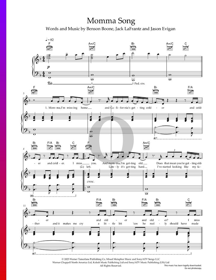 Momma Song (Benson Boone) Piano Sheet Music - OKTAV