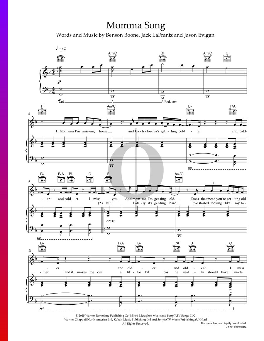 Momma Song (Benson Boone) Piano Sheet Music - OKTAV