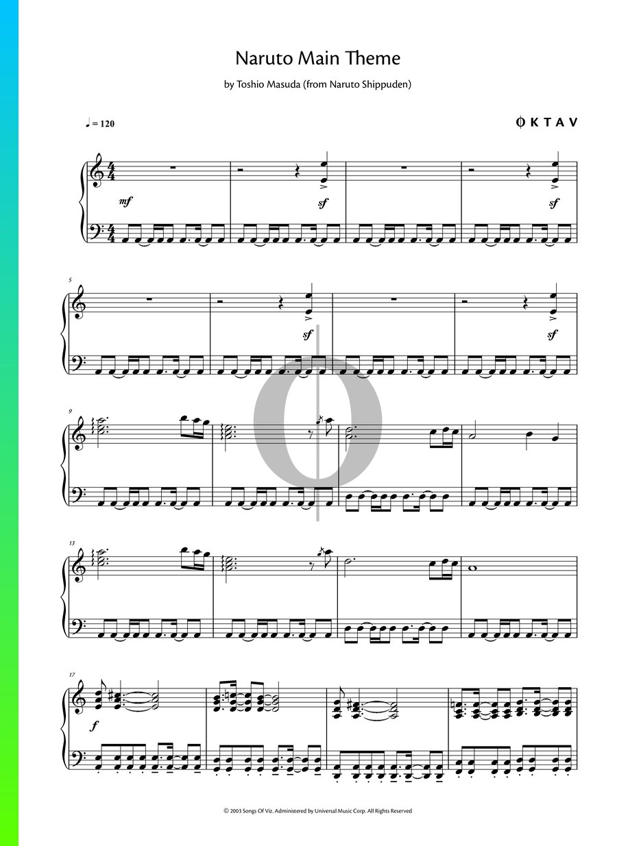 Naruto Main Theme Piano Sheet Music from Naruto Shippuden by Toshio ...