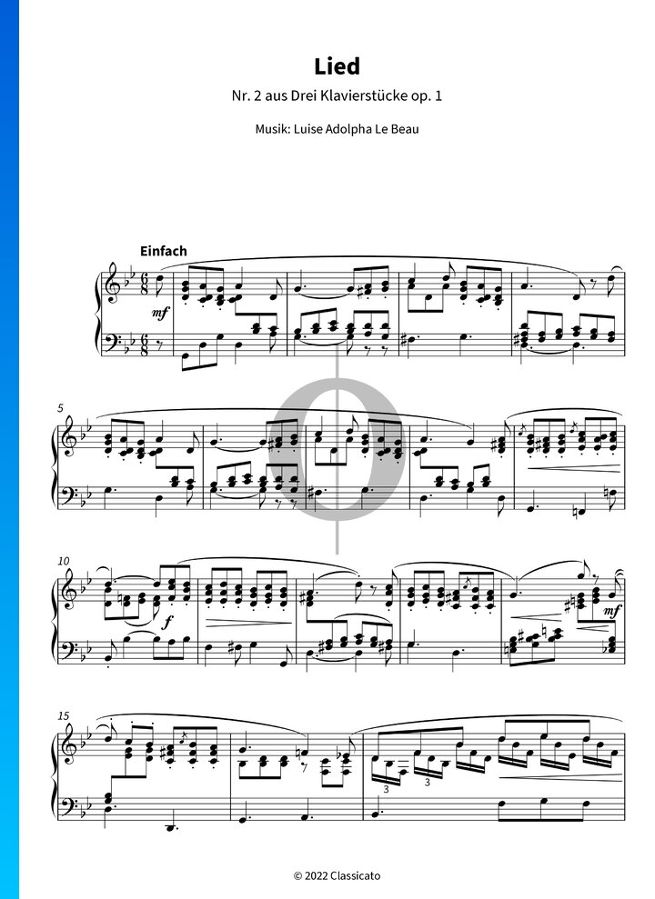 3 Pieces, Op. 1: No. 2 Lied (Luise Adolpha Le Beau) Piano Sheet Music - OKTAV