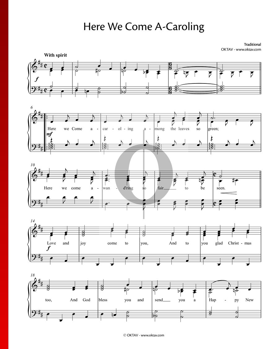 Here We Come A-Caroling (Anonymous) Piano Sheet Music - OKTAV