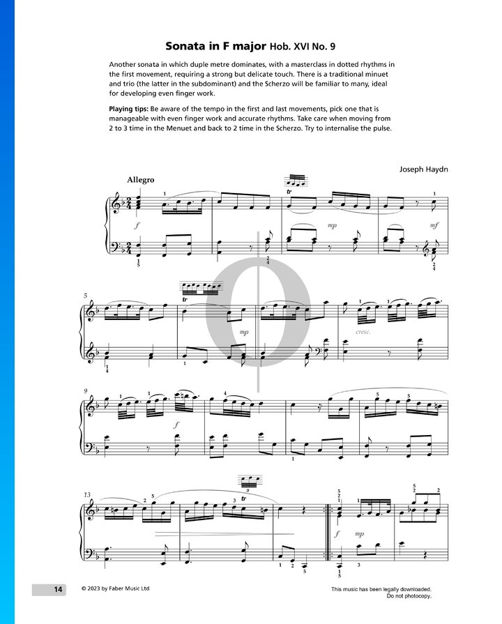 Sonata in F Major, Hob XVI: 9 (Franz Joseph Haydn) Piano Sheet Music ...