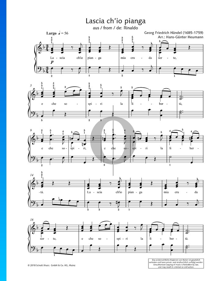 Lascia Ch'io Pianga Sheet Music (Piano Solo) | PDF Download - OKTAV