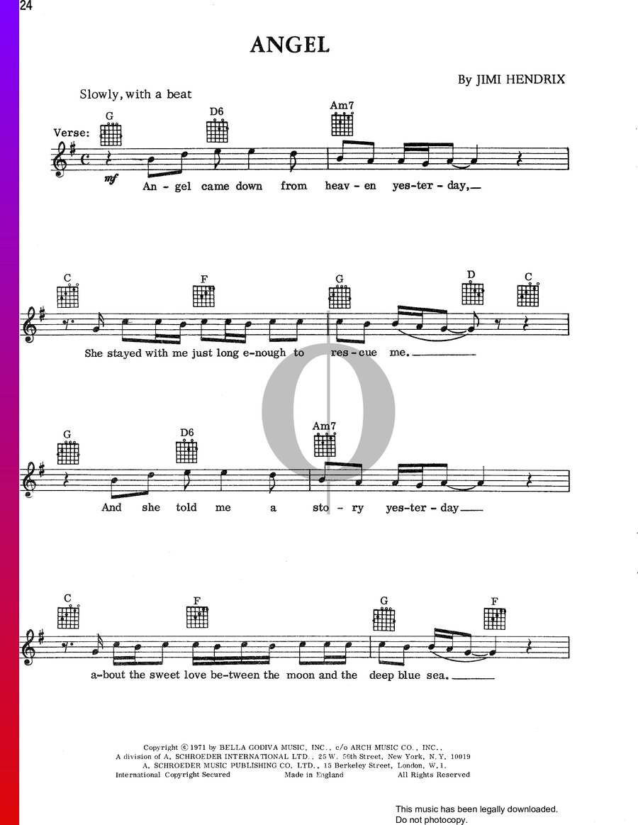 Angel (Hendrix) (Jimi Hendrix) Piano Sheet Music - OKTAV