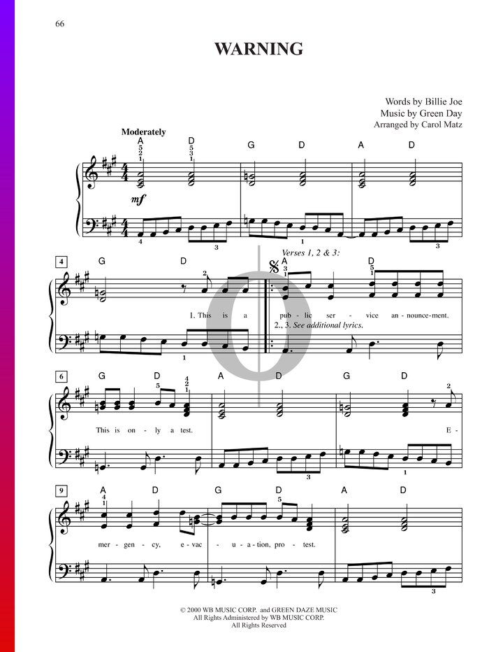 Warning (Green Day) Piano Sheet Music - OKTAV