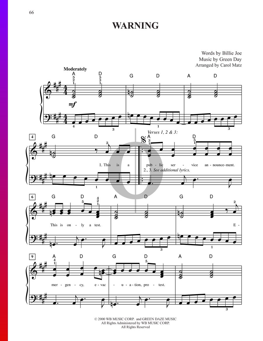 Warning (Green Day) Piano Sheet Music - OKTAV