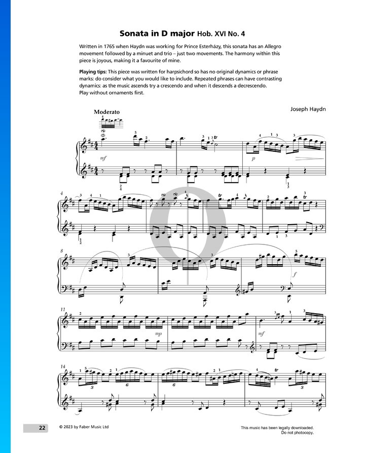 Sonata in D Major, Hob. XVI No. 4 (Franz Joseph Haydn) Piano Sheet ...