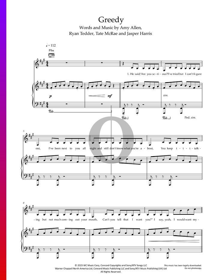 Greedy Klaviernoten (Tate McRae) - OKTAV
