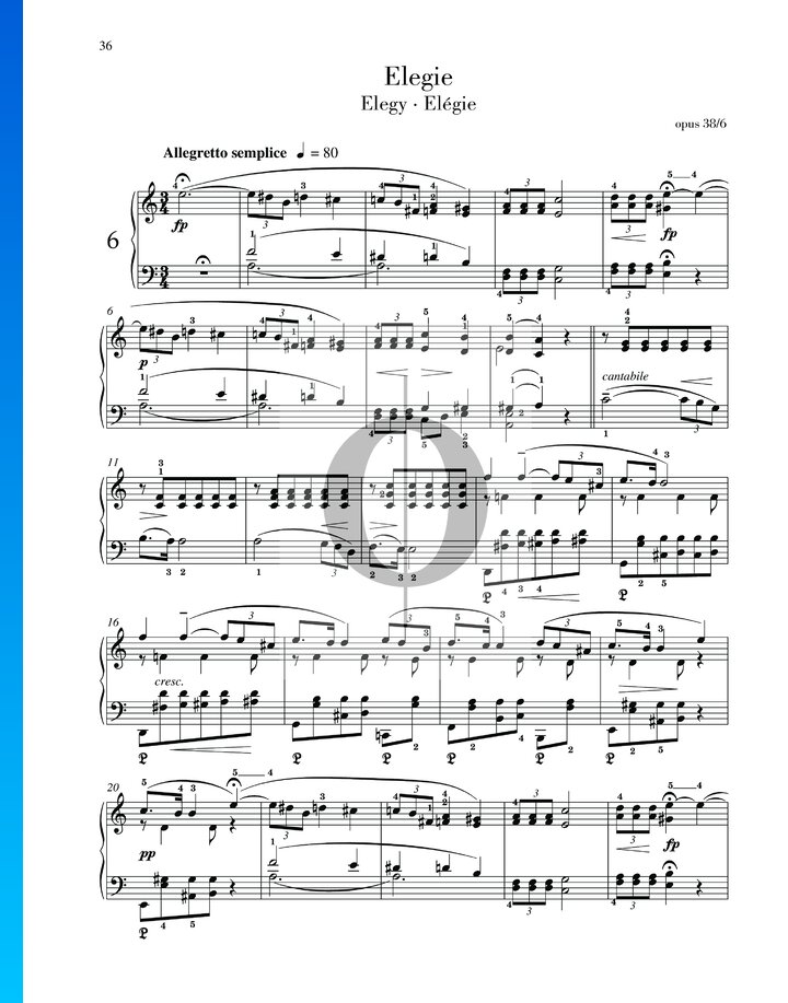 Pièces lyriques, op. 38 n° 6 : Élégie » Edvard Grieg - Partitions de piano - OKTAV