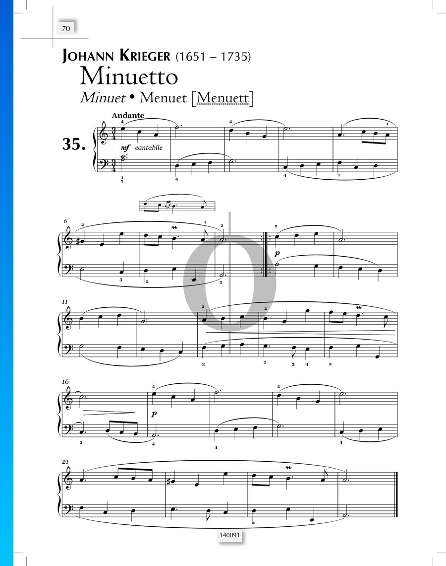 Minuet in A Minor (Johann Krieger) Piano Sheet Music - OKTAV