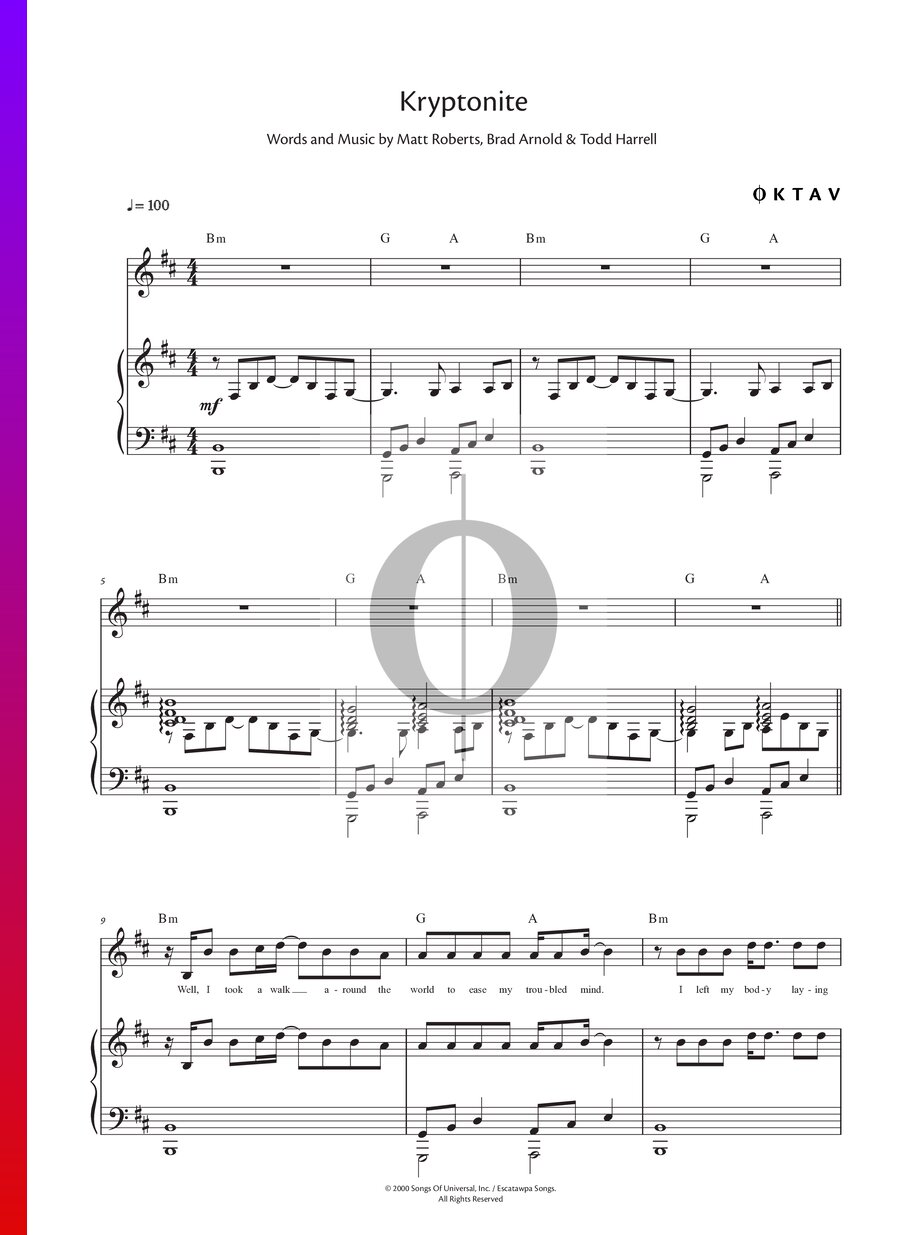 Kryptonite (3 Doors Down) Piano Sheet Music - OKTAV