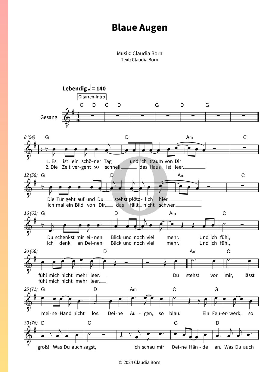 Blaue Augen (Claudia Born) Piano Sheet Music - OKTAV