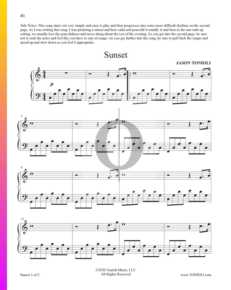 Sunset (Jason Tonioli) Piano Sheet Music - OKTAV