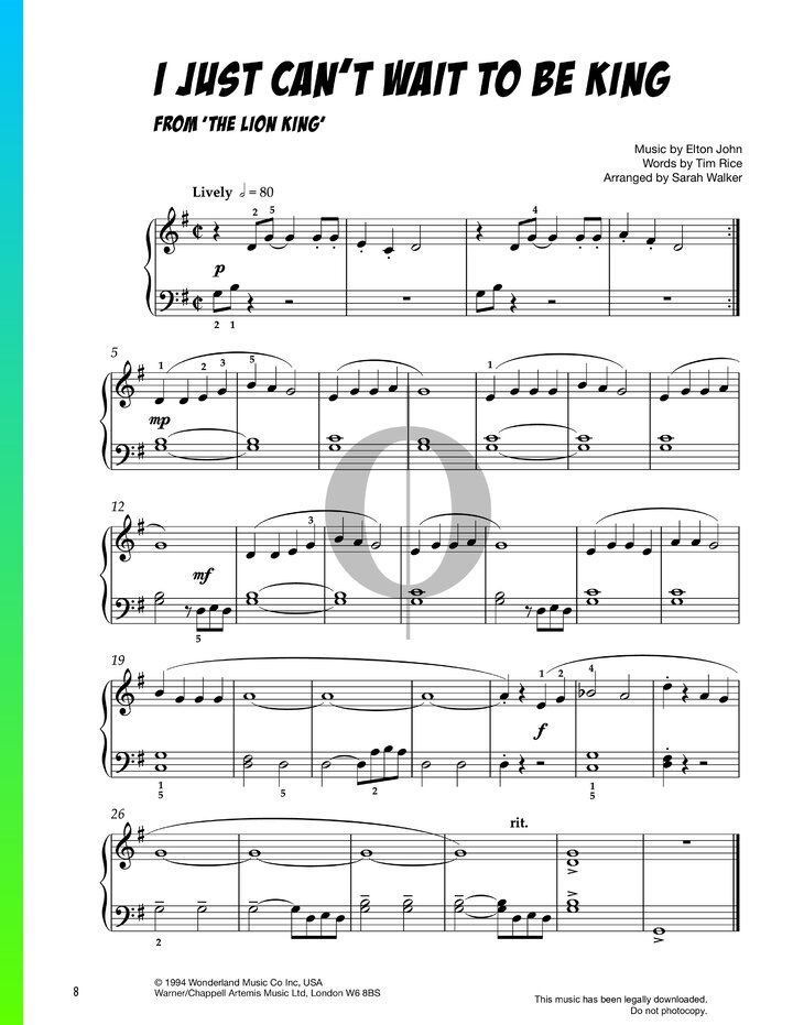 I Just Can't Wait To Be King Piano Sheet Music from The Lion King (1994 ...