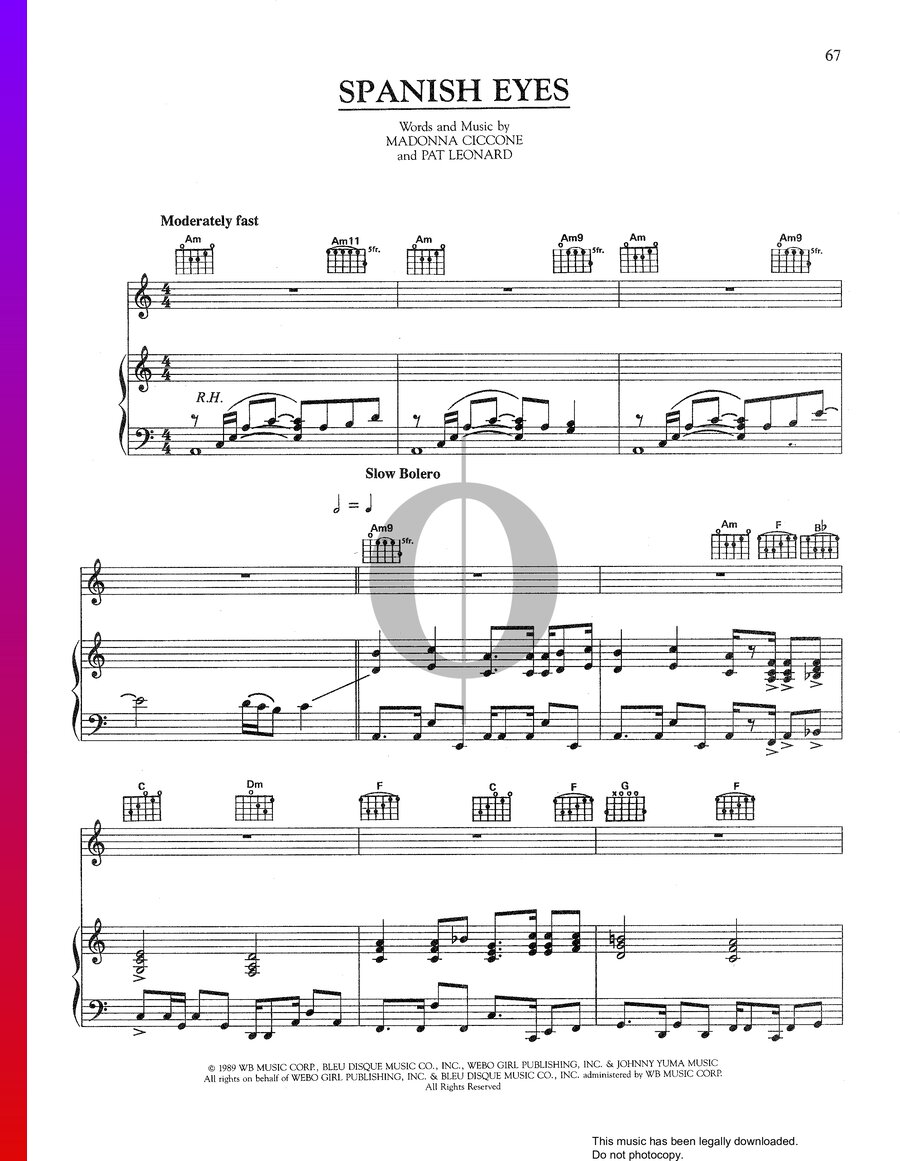 Spanish Eyes (Madonna) Piano Sheet Music - OKTAV